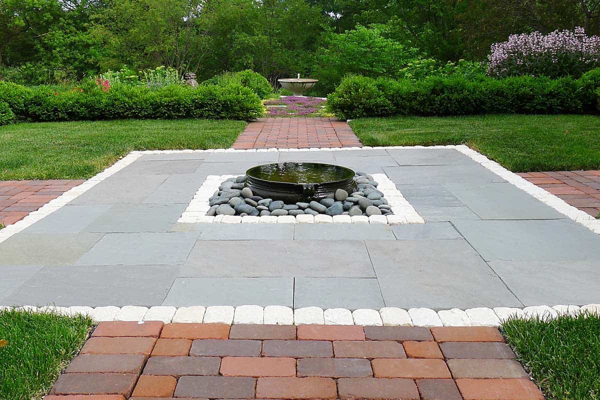 Brick Walkway with Sunken Urn Fountain | Wadsworth IL Garden